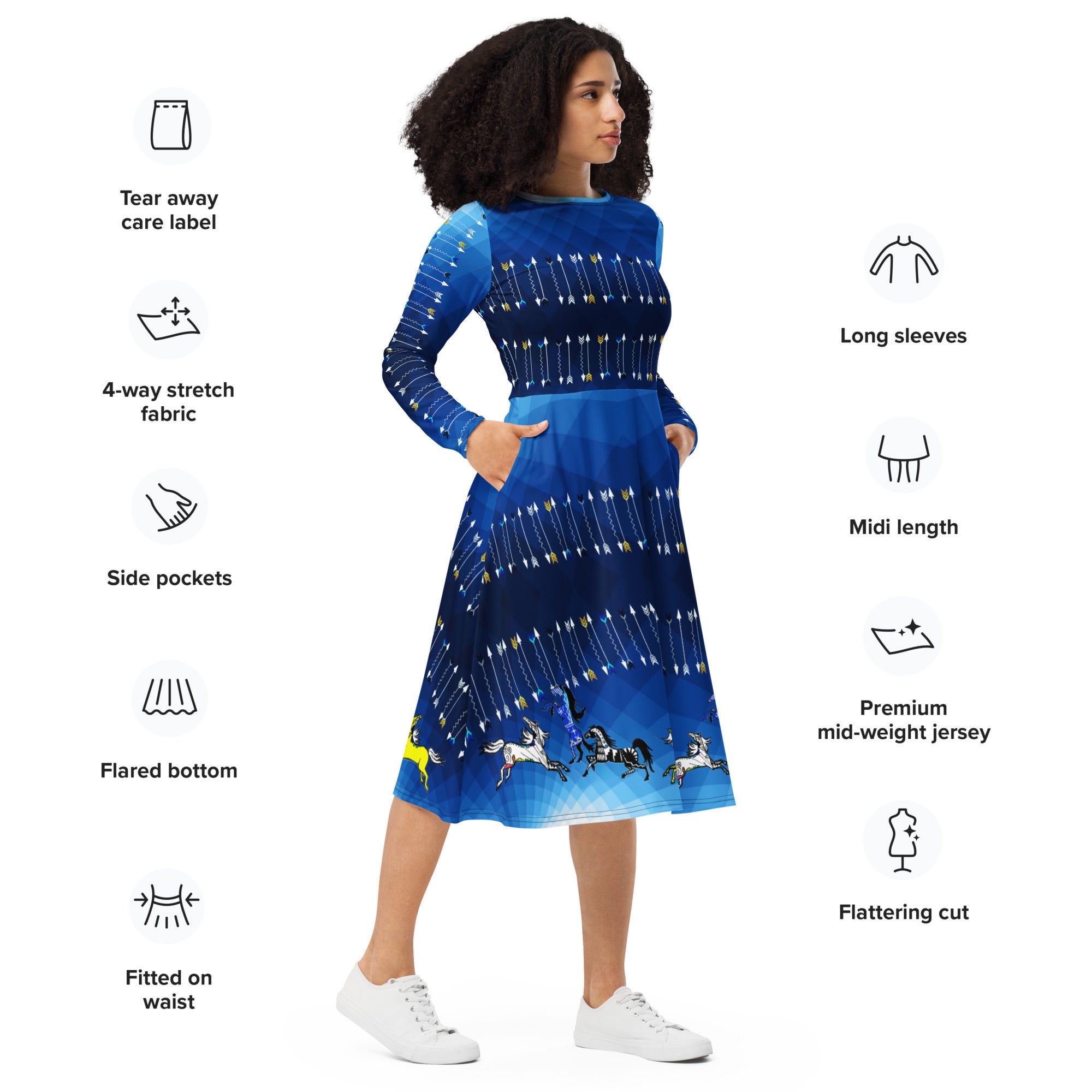 All-over print long sleeve midi dress | Breezy Designs