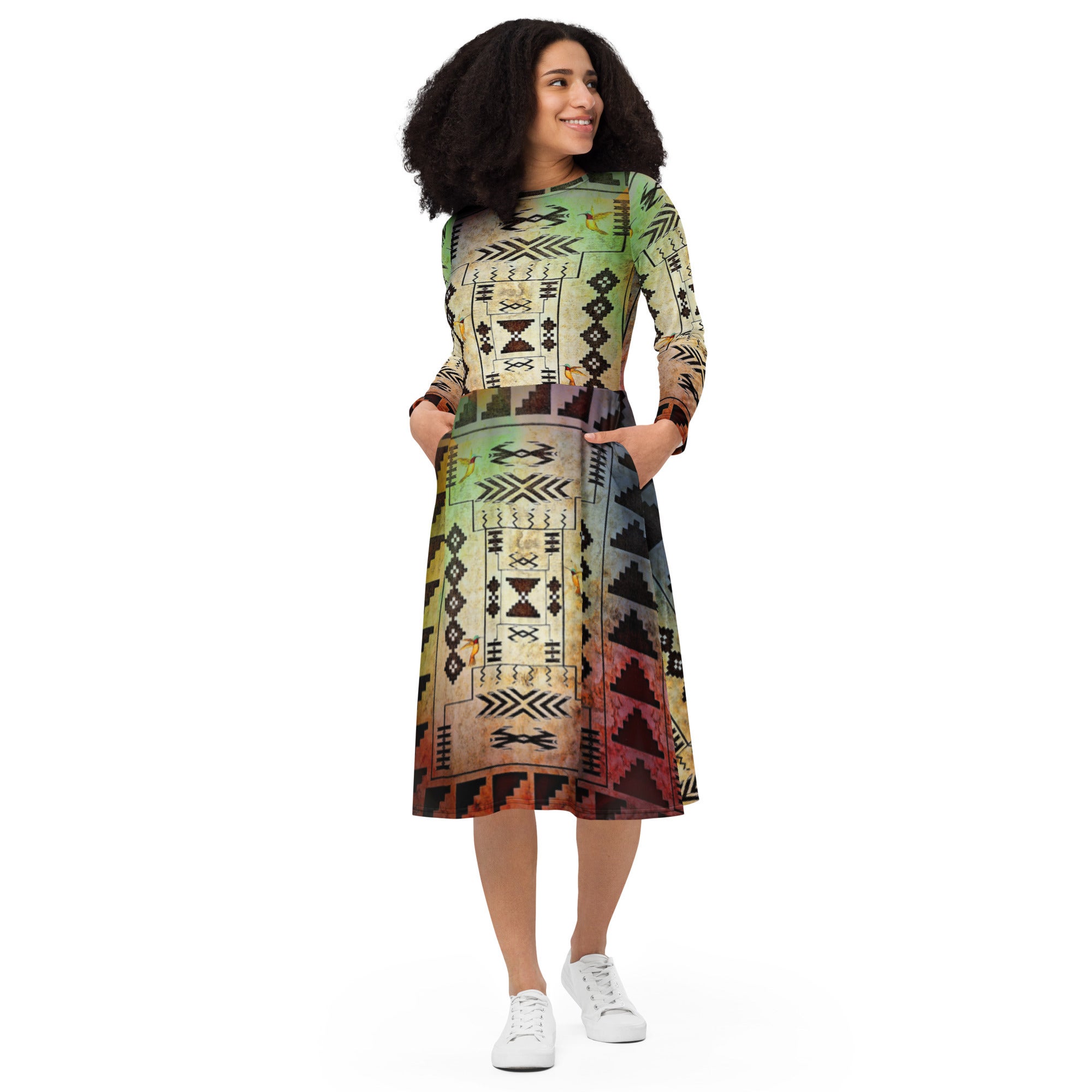 All-Over Print Long Sleeve Midi Dress - 2XL | Breezy Designs